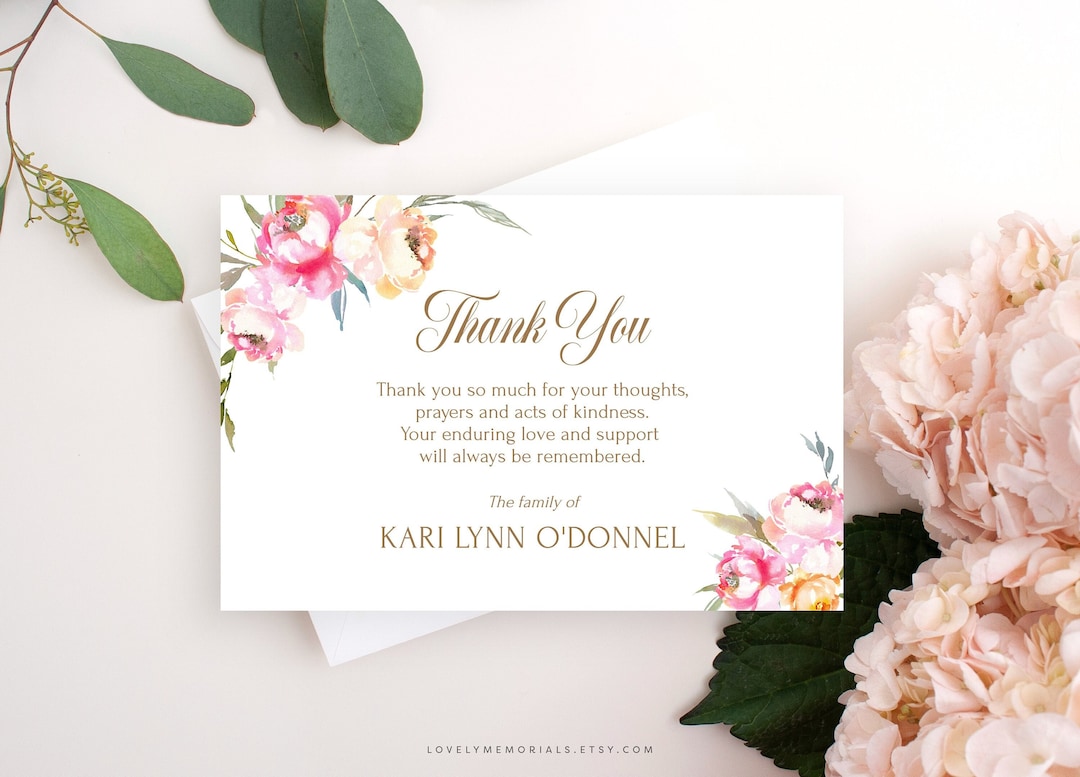 Funeral Thank You, Celebration of Life, Thank You Pink Peony, Memorial ...