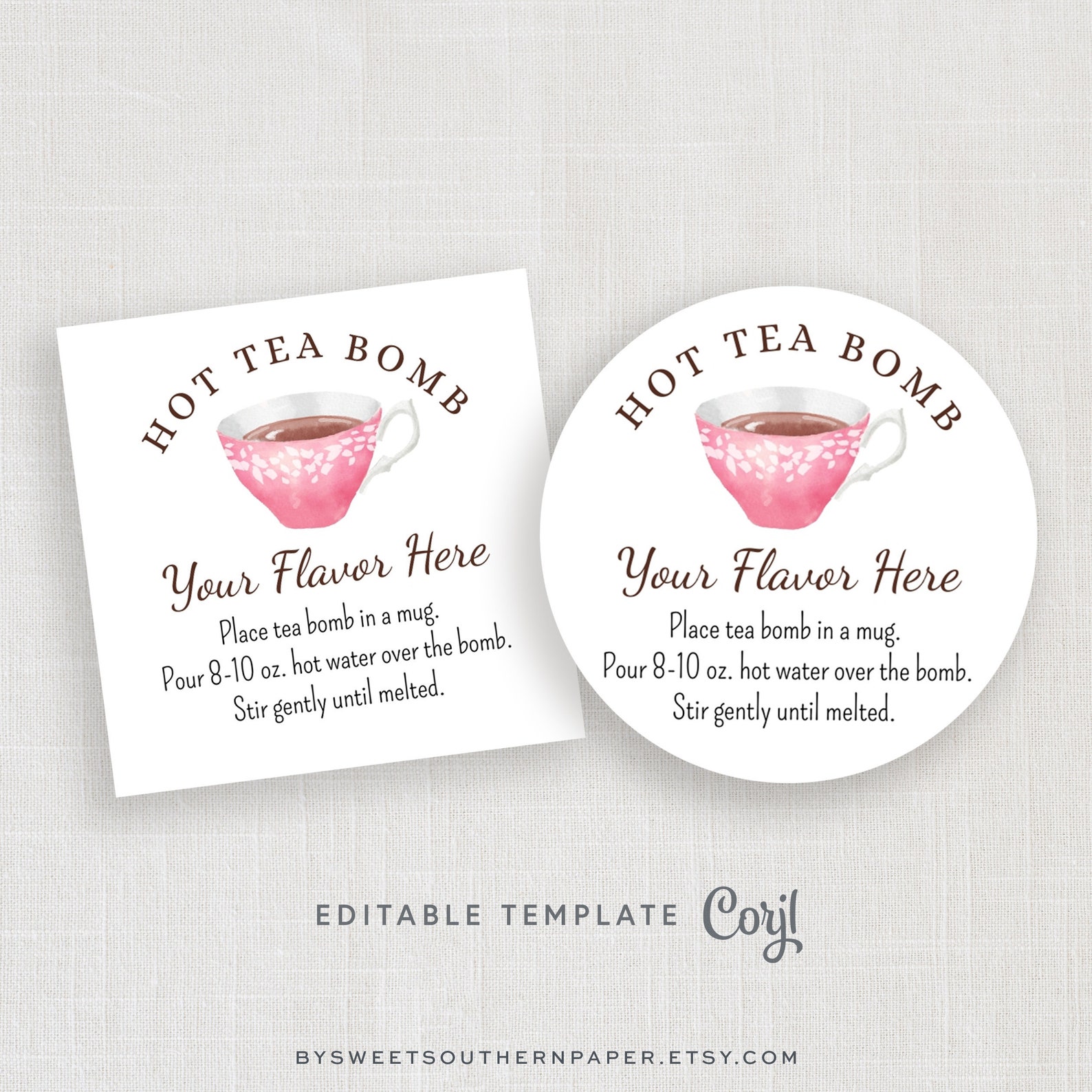 Editable Hot Team Bomb Tag or Sticker Pink Tea Cup Hot Tea | Etsy