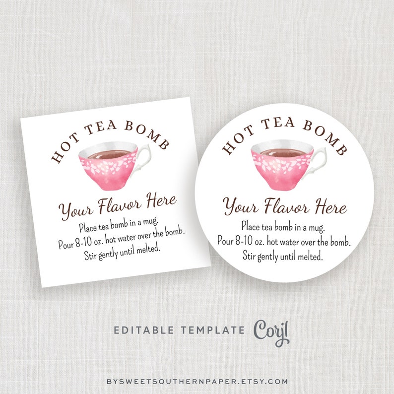 Editable Hot Team Bomb Tag or Sticker Pink Tea Cup Hot Tea - Etsy