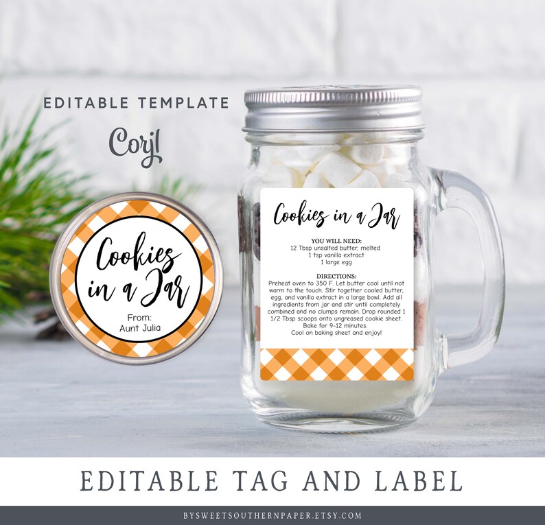 Editable Cookie in a Jar Instructions Tag and Sticker, Printable Cookie ...