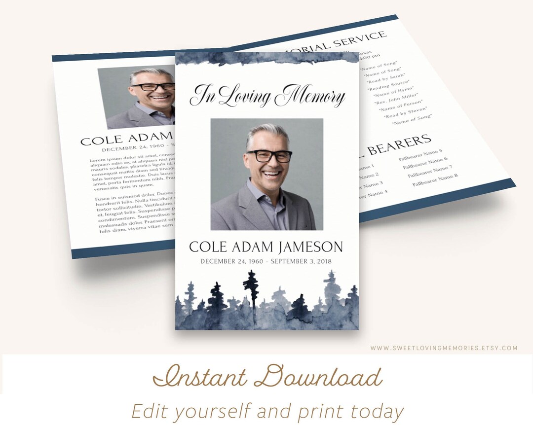 Forest Printable Funeral Program, Man's Memorial Service, Male Obituary ...