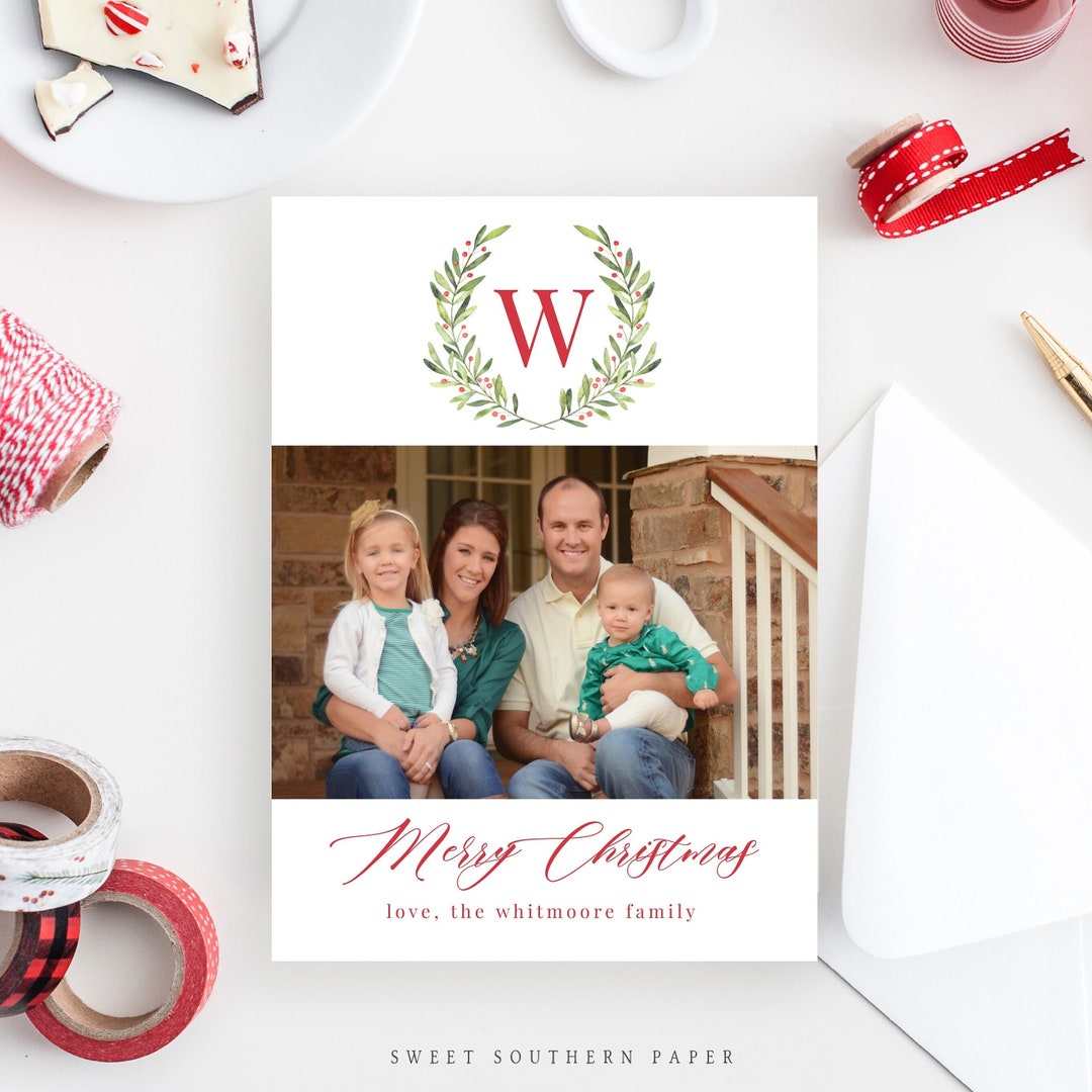 Wreath Monogram Christmas Photo Card Instant Download | Holiday ...