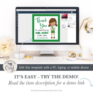 Editable Girl Scout Thank You, Cookie Order Thank You Tag, Brunette ...