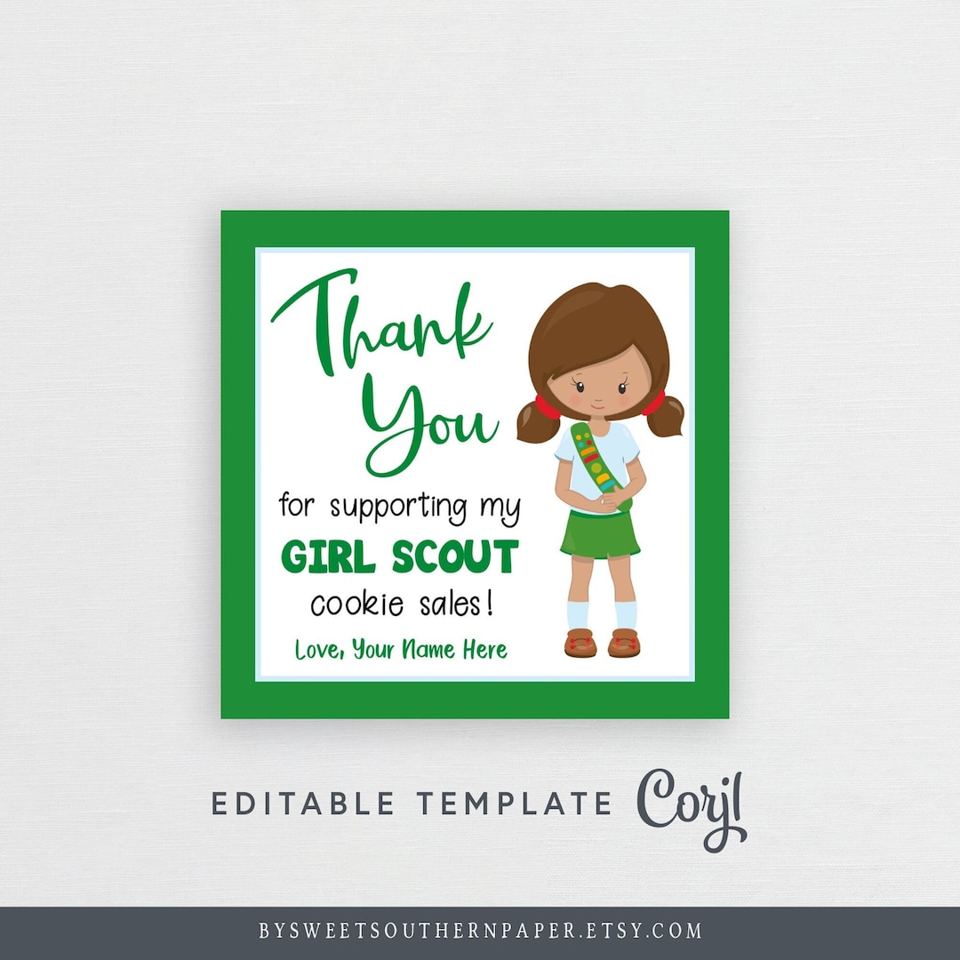 Editable Girl Scout Thank You, Cookie Order Thank You Tag, Brunette ...