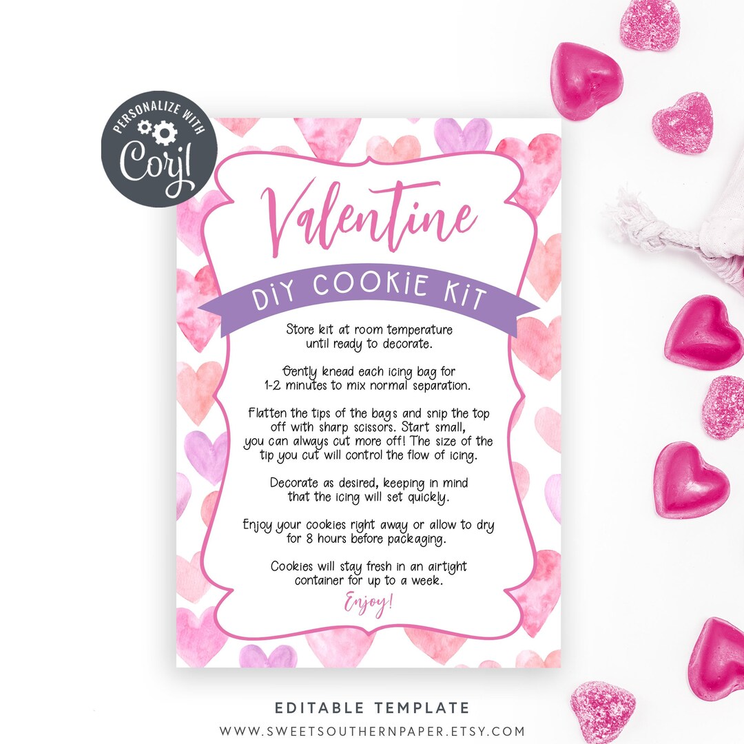 Editable Valentines Day DIY Cookie Kit Instructions Template, Valentine ...
