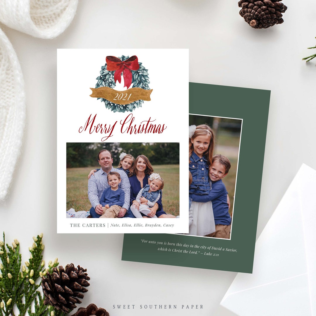 Red Wreath Christmas Card INSTANT DOWNLOAD, Gold Christmas Photo Card ...