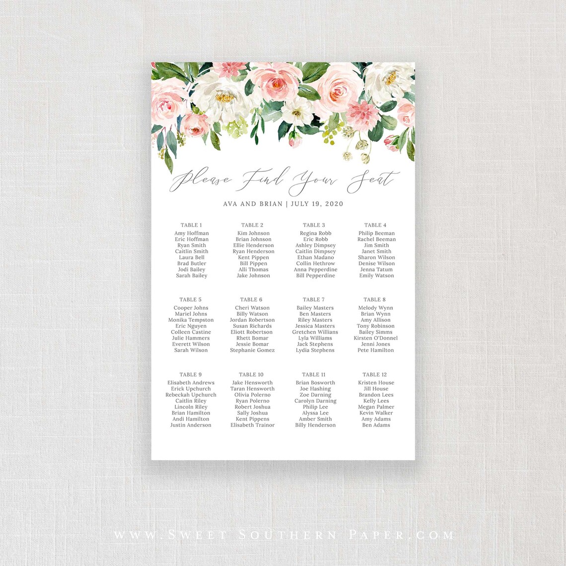 Blush Editable Seating Chart Template Boho Floral Wedding | Etsy