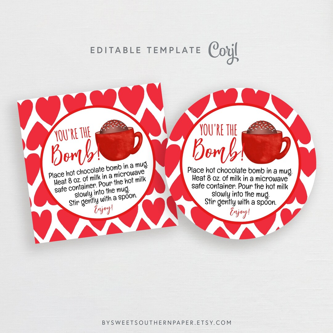 Editable Valentine's Day Hot Chocolate Bomb Tag or Sticker, Red ...