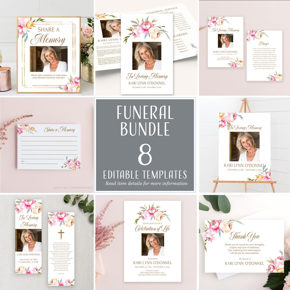 Funeral Bundle Pink Peony, INSTANT DOWNLOAD, Celebration of Life Woman ...