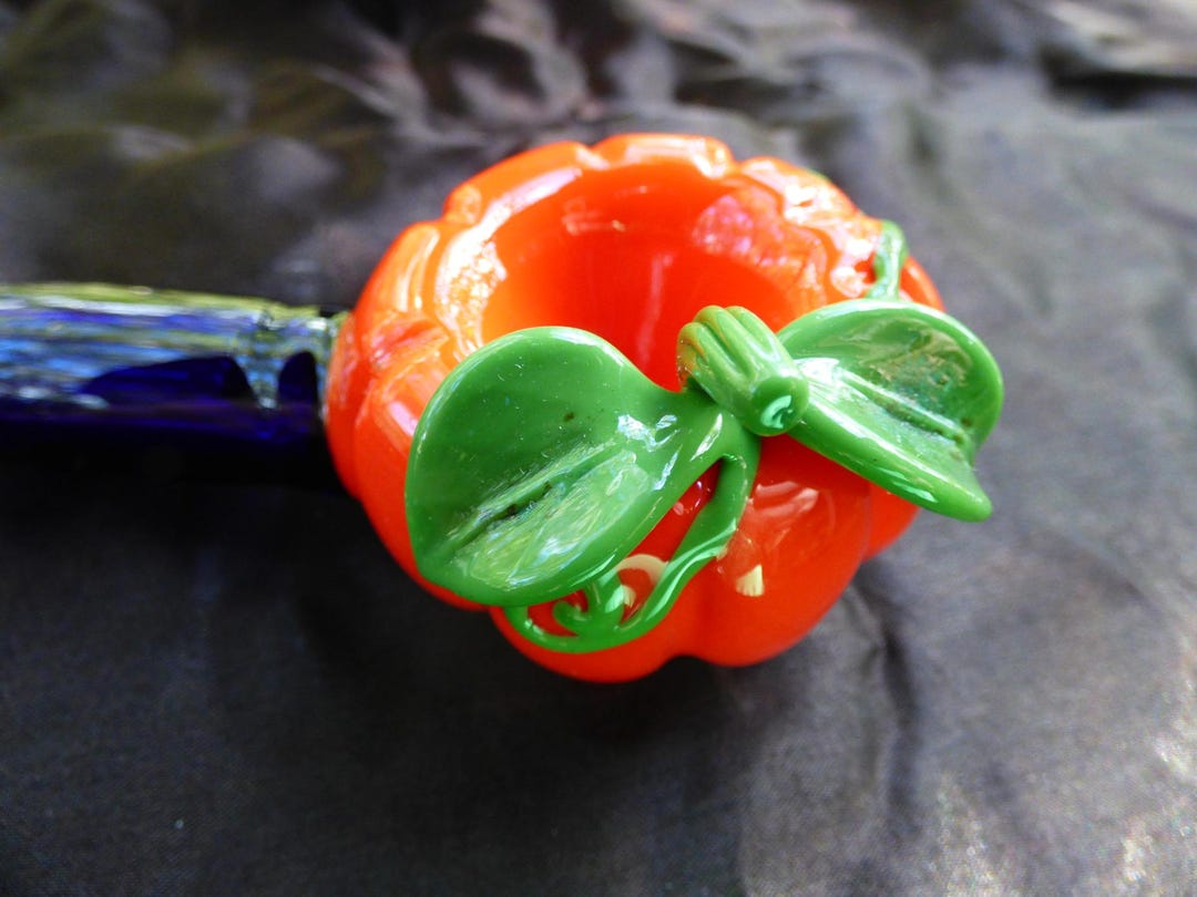 Glass Pumpkin Pipe With Leaves and Stem on Long Cobalt Stem Boro ...