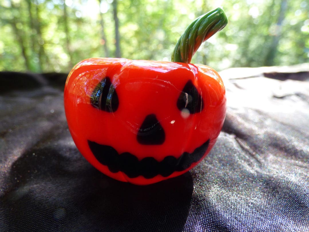 Glass Pumpkin Pipe With Carved Face on Long Cobalt Stem Boro / Pyrex ...