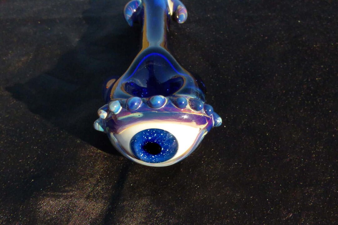 Glass Eye Pipe With Horns. Blue Iris. Double Amber Purple Eyelid and ...