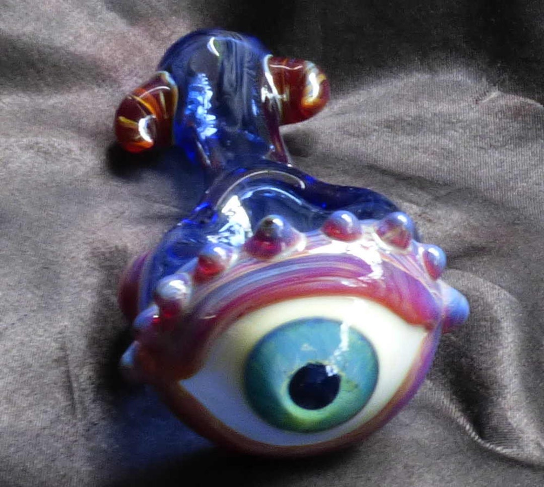 Boro / Pyrex Glass Eye Pipe With Light Cobalt Blue Stem Blue Green Iris ...
