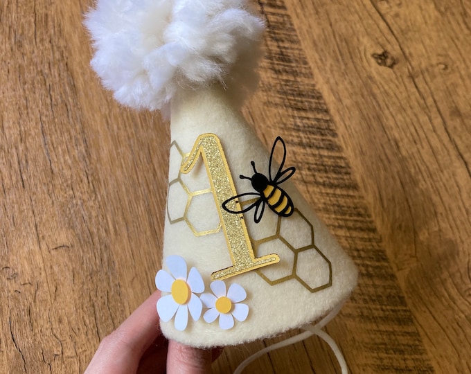 Bee Birthday Hat, Floral Bee Party Hat, Pom Pom Party Hat, 1st Bee-day ...