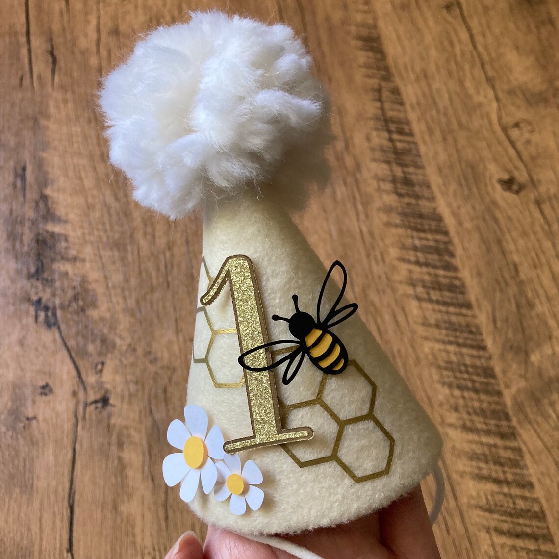 Bee Birthday Hat, Floral Bee Party Hat, Pom Pom Party Hat, 1st Bee-day ...