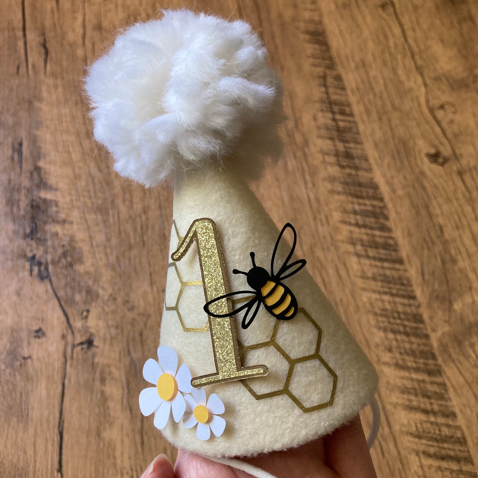 Bee Birthday Hat, Floral Bee Party Hat, Pom Pom Party Hat, 1st Bee-day ...