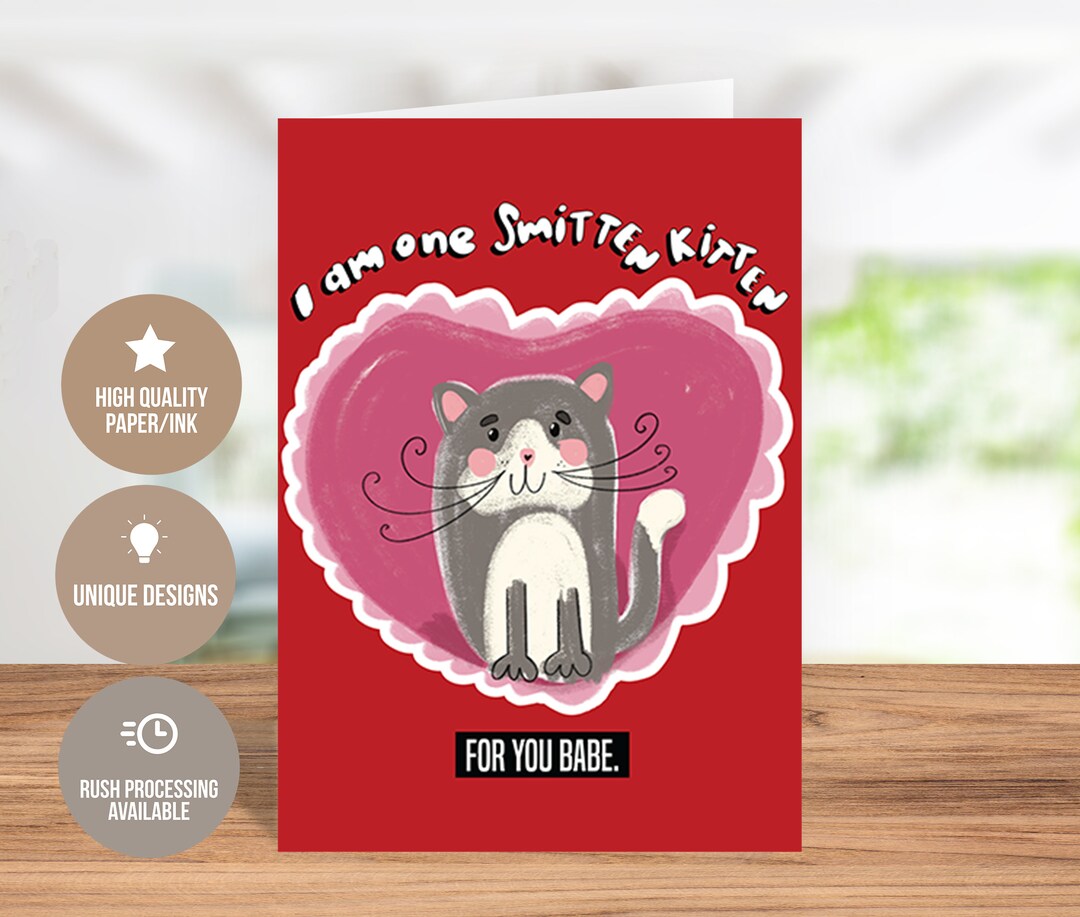 I Am One Smitten Kitten Valentine's Day Greeting Card, Cute Valentine's ...
