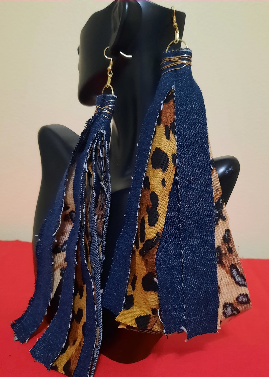 Leopard Jean Wide Earrings, Fabric Wrapped Earrings, Distressed Jean ...