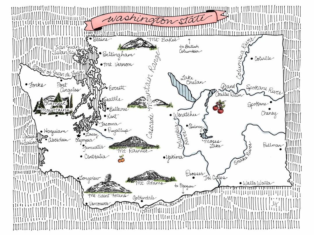 Washington Map Art Print - Matted for FREE - WA State Illustration ...