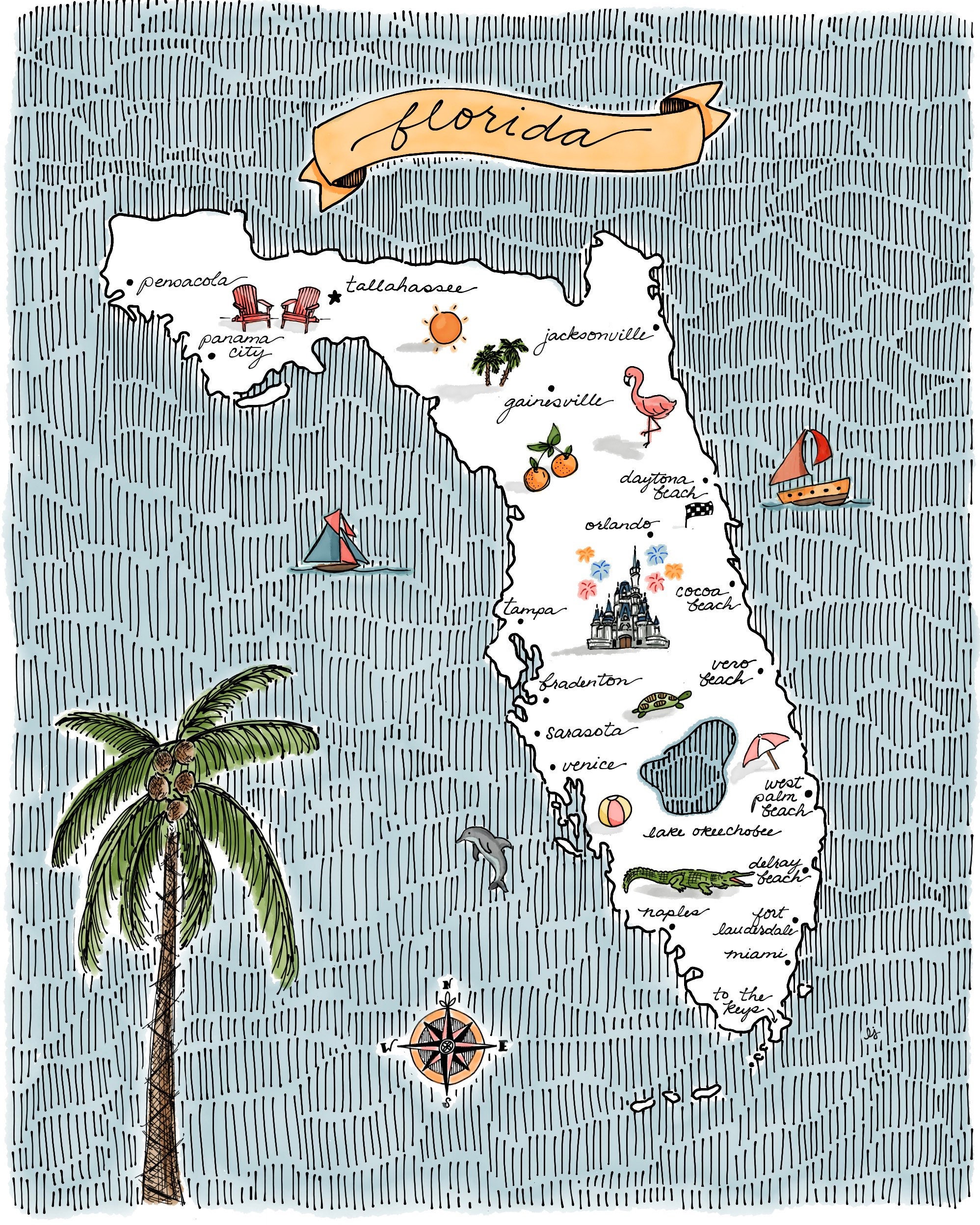 Whimsical Florida Art Print - Florida Illustration - Florida Original ...