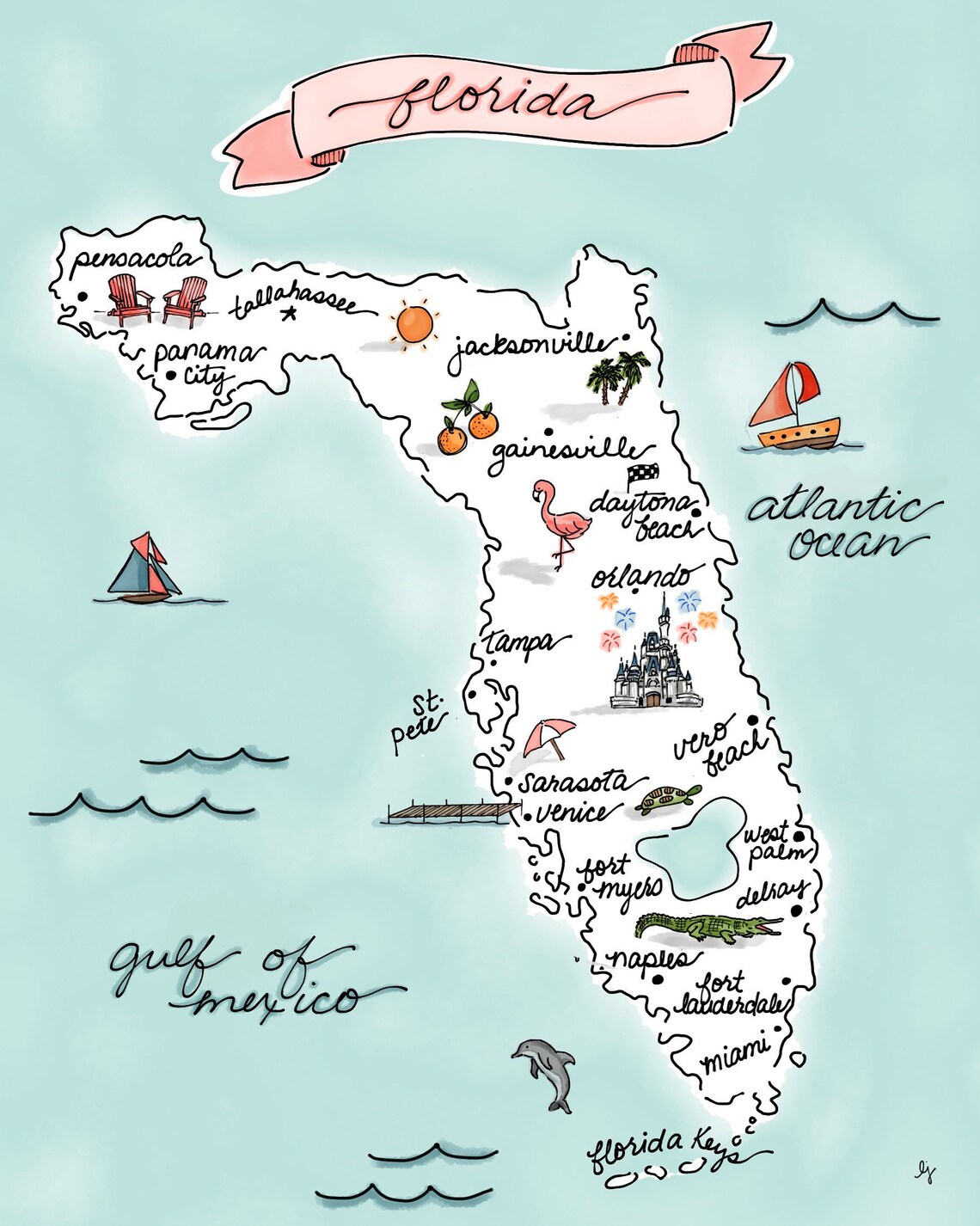 Whimsical Florida Art Print - Florida Illustration - Florida Original ...