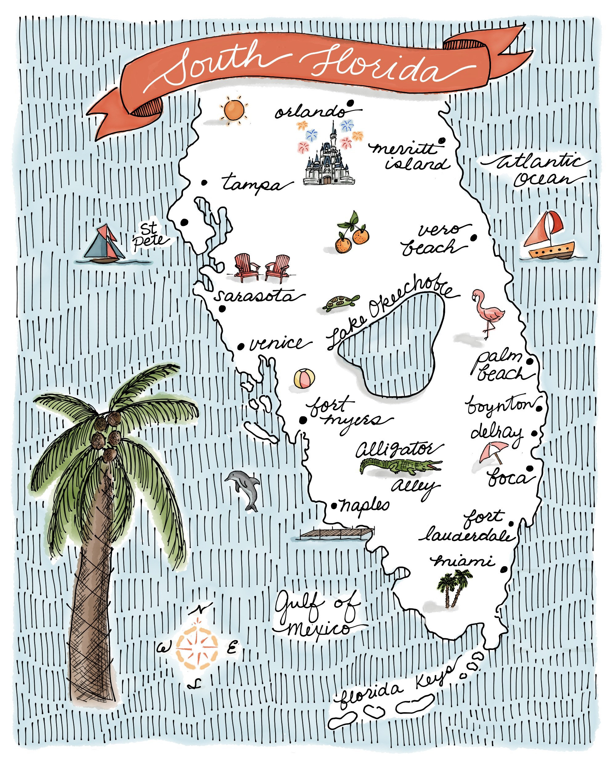 Whimsical South Florida Art Print Florida Illustration - Etsy España