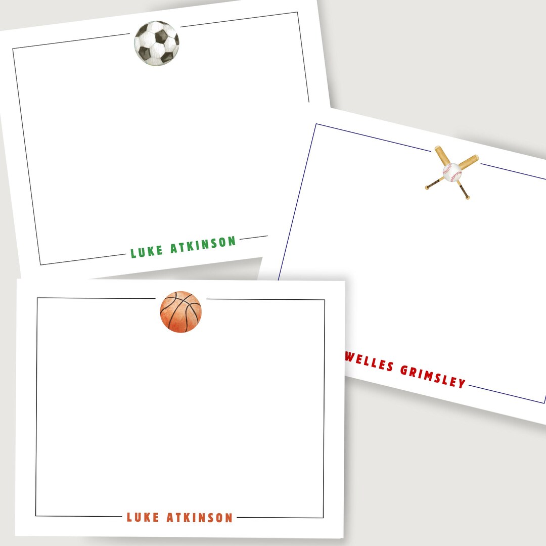 Personalized Sports Stationery, Boy Notecards, Flat Notecard Set, Kids Adult Monogram Stationary ...