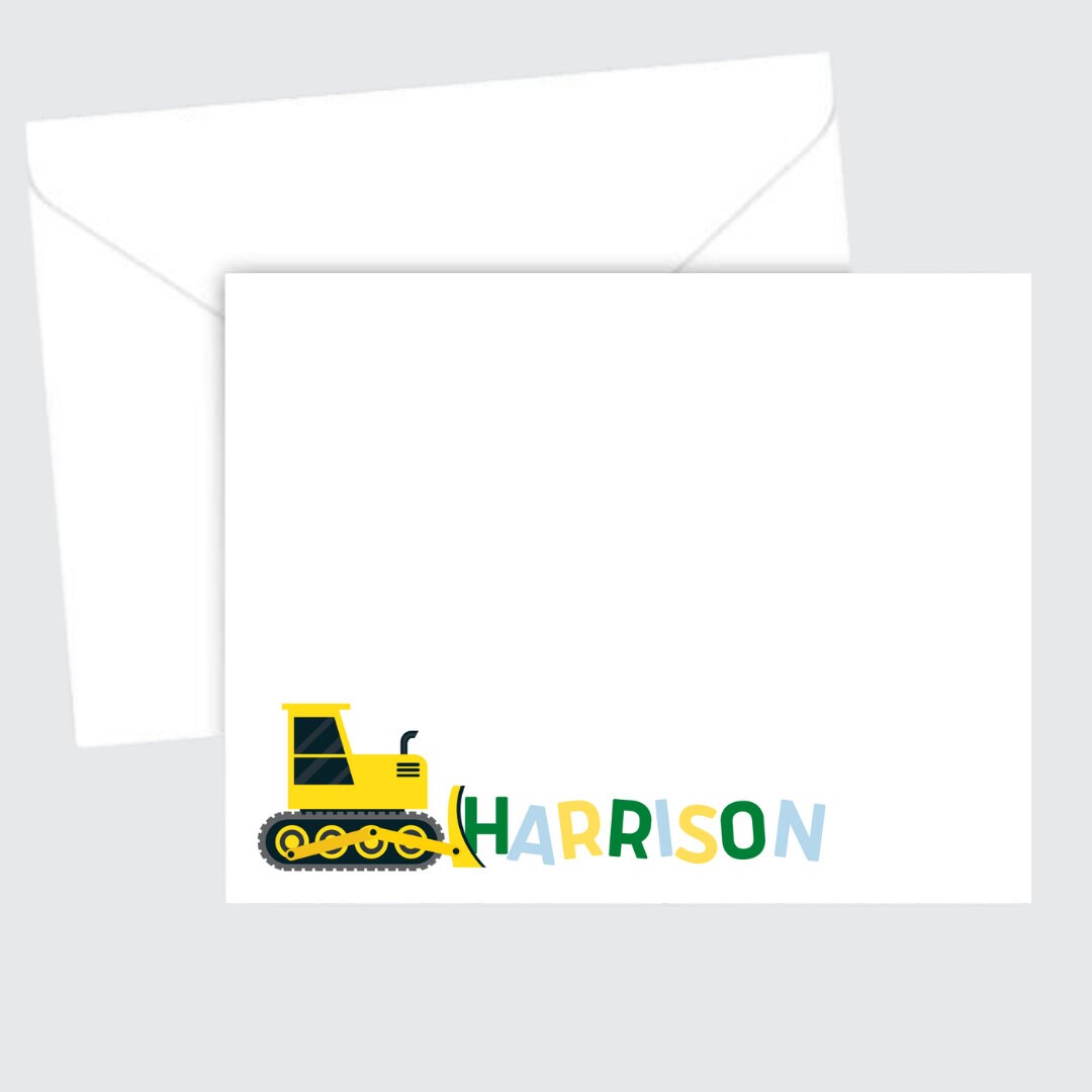 Personalized Boy Stationery, Construction Notecards, Bulldozer Flat ...