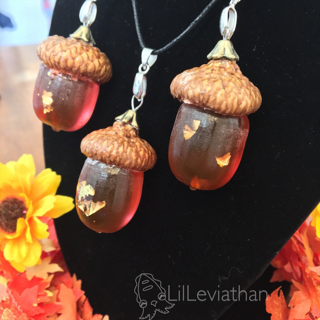 Resin Acorn Pendant With Real Acorn Cap Transparent Brown With Gold ...