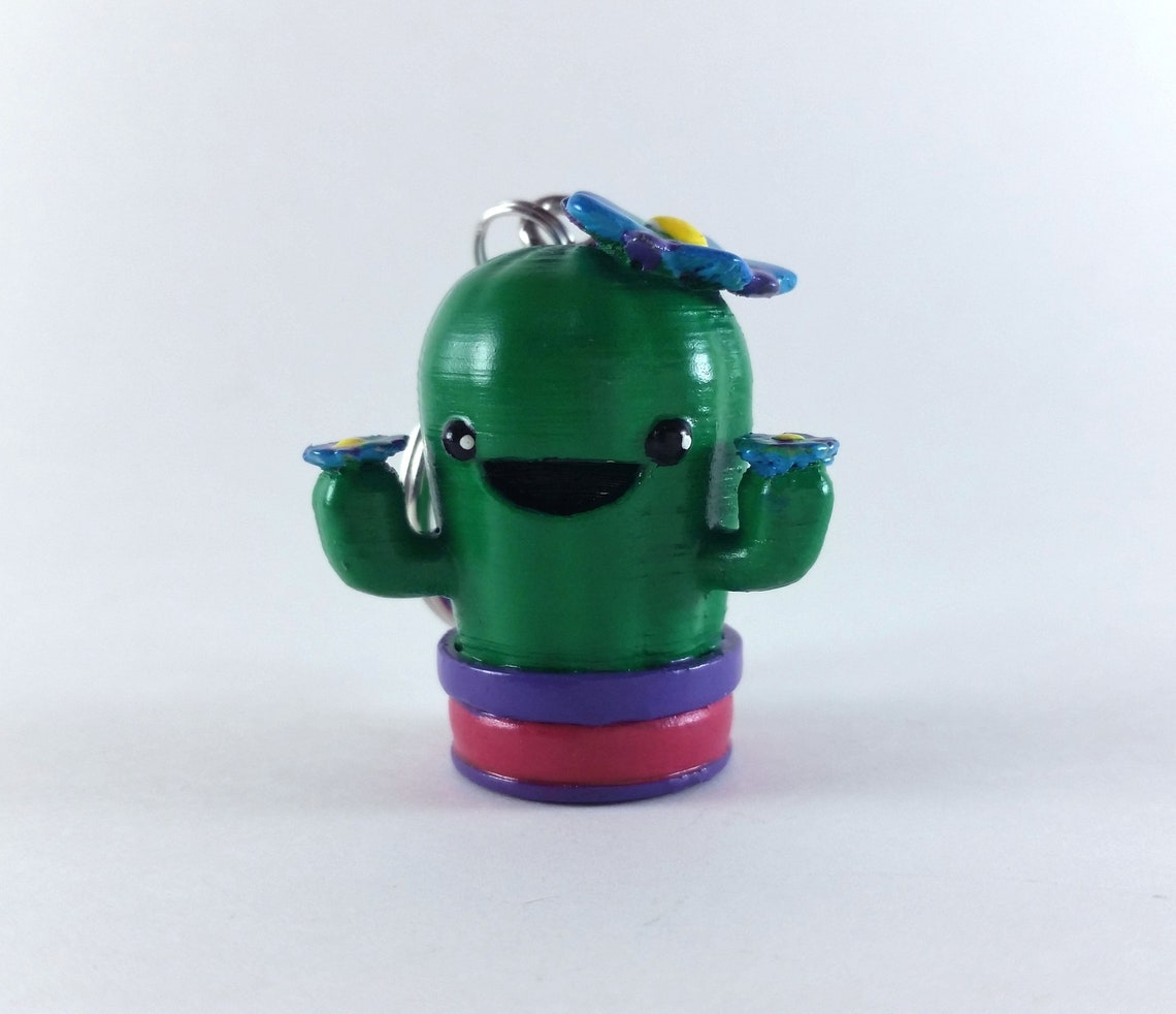 Flower Cactus Keychain 3D Printed Hand Painted Blue, Pink, & Purple ...