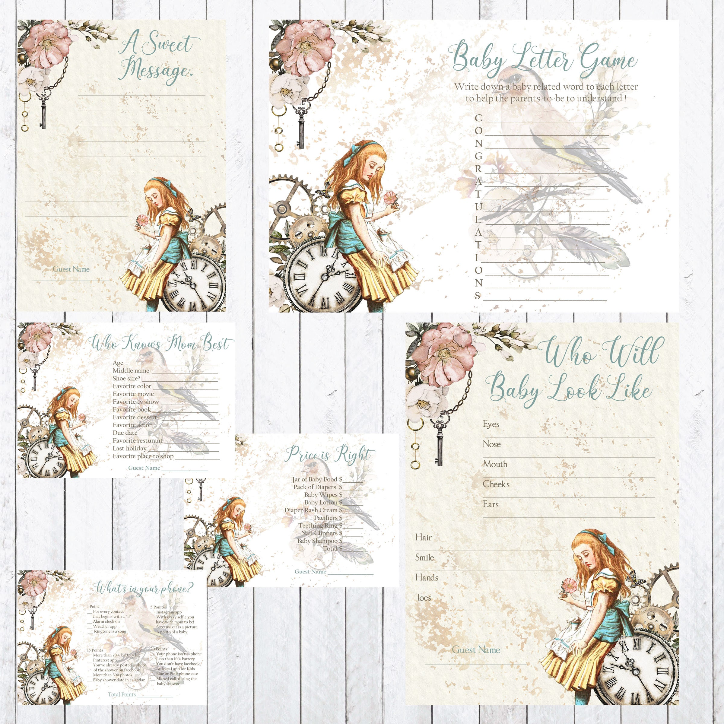 Alice in Wonderland Baby Shower Games Baby Bingo Price is | Etsy