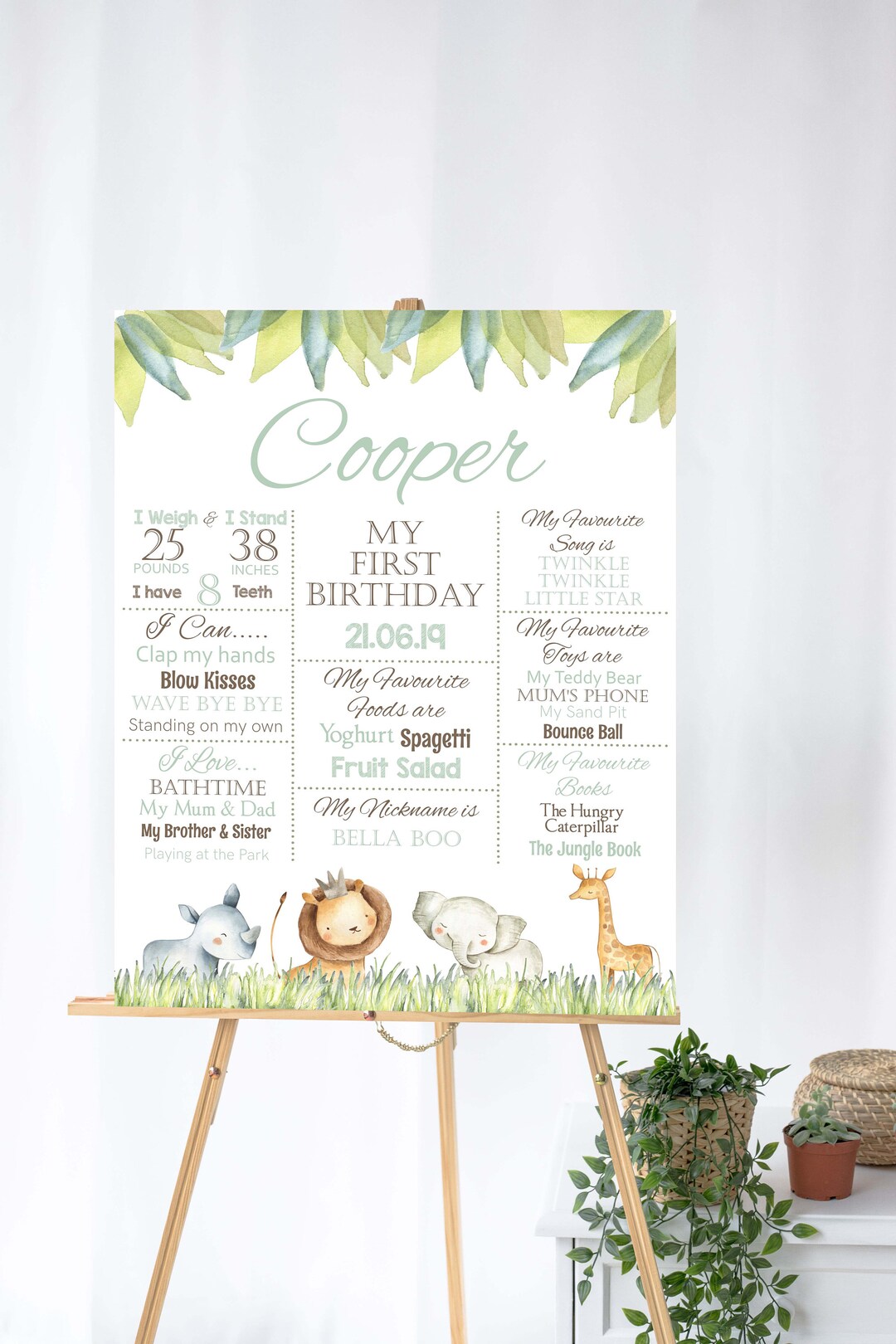 Jungle Animals Birthday Board, 1st Birthday, Safari Birthday, Edit and ...