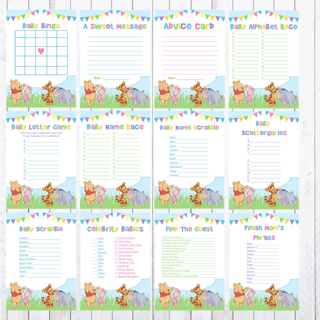32 Baby Shower Games. Winnie the Pooh, Book Card, Diaper Card,baby ...