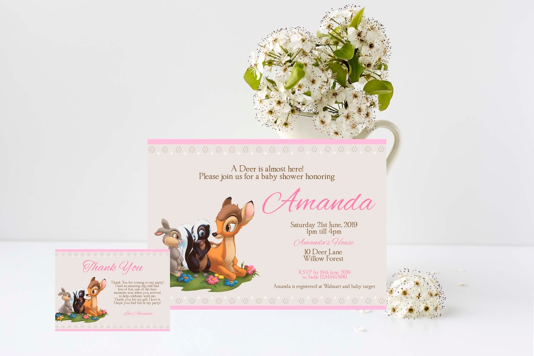 Bambi Baby Shower Invitation and Thank You Note, Edit and Print Your ...