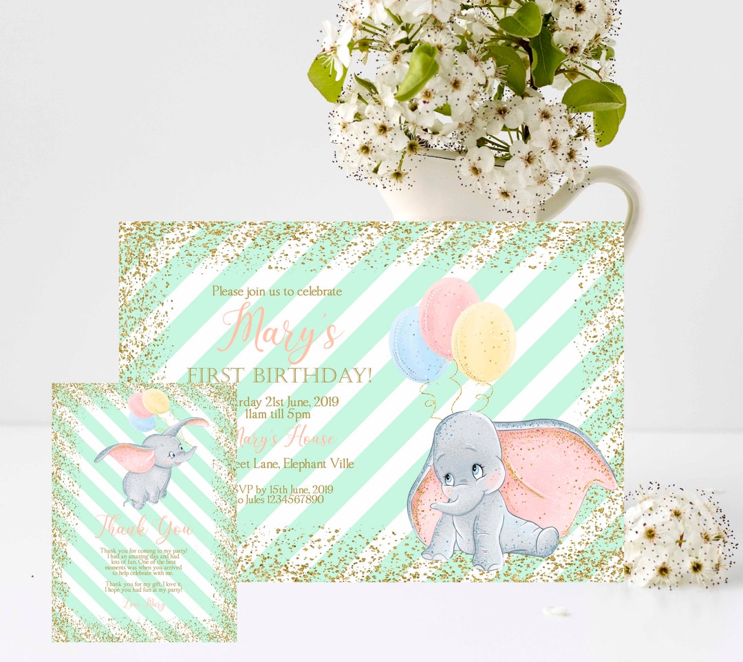 Dumbo Birthday Invitation and Thank You Note, 1st Birthday, Baby Shower ...