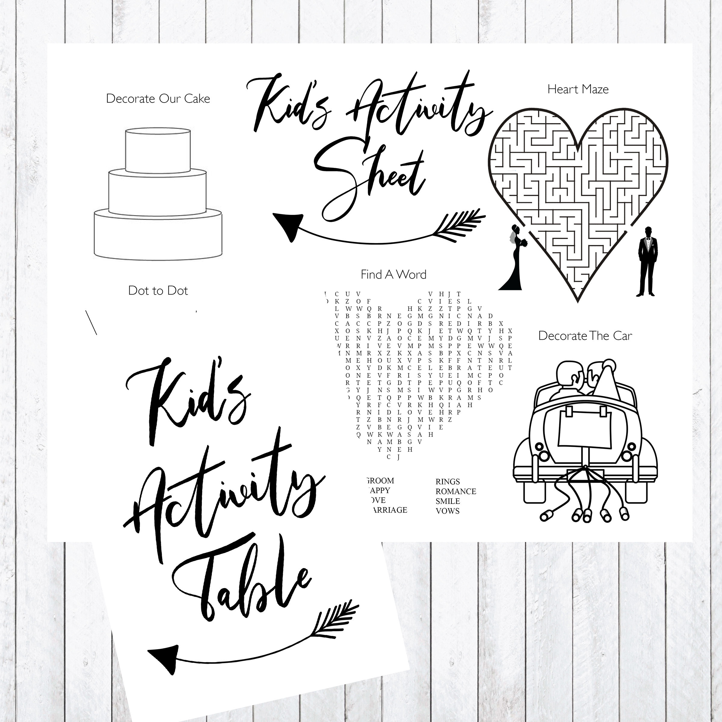 Wedding Kids Table Activity, Kids Table Signs, Decorate the Wedding Car ...