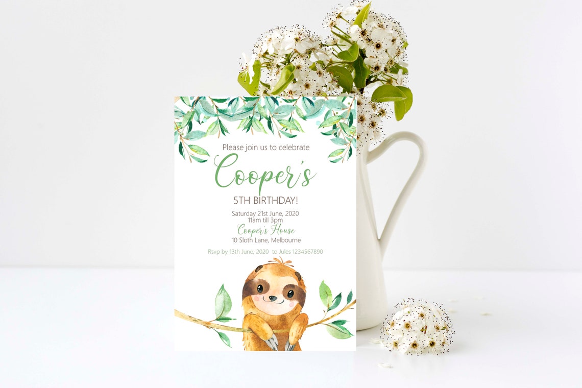 Sloth Invitation and Thank You Note, 1st Birthday, Baby Shower, Edit ...