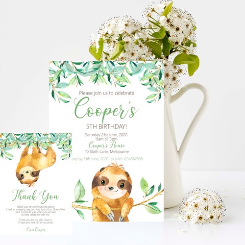 Sloth Invitation and Thank You Note 1st Birthday Baby - Etsy