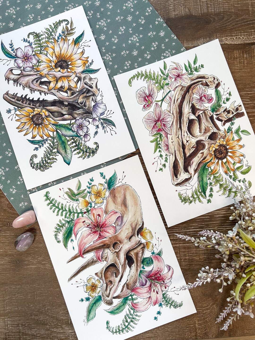 Dinosaur Skull and Florals Fine Art Print - Velociraptor, Parasaur ...