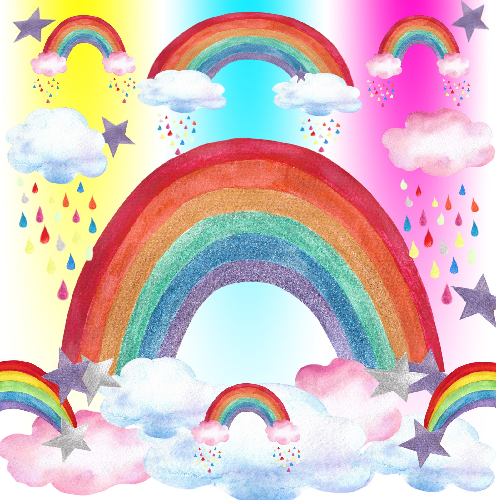Watercolor Rainbow Clip Art Painted Rainbow and Clouds - Etsy