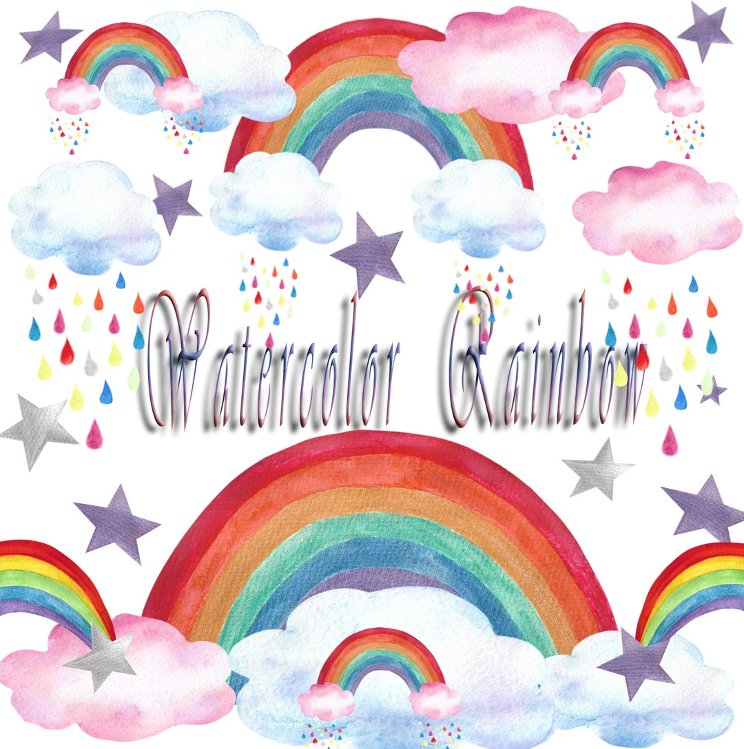 Watercolor Rainbow Clip Art, Painted Rainbow and Clouds Watercolour ...