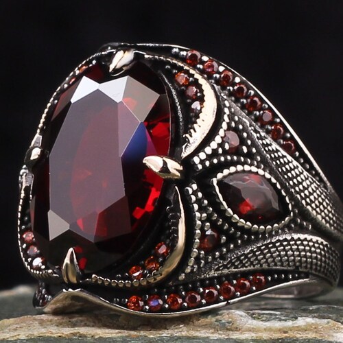 Sterling Silver Mens Ring Red Stone Ring - Etsy