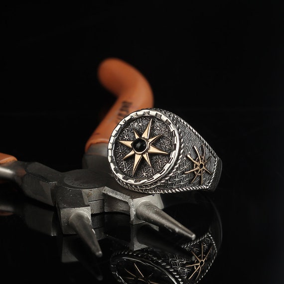 925 Sterling Silver Mens Ring Compass Engraved Men Silver Ring - Etsy