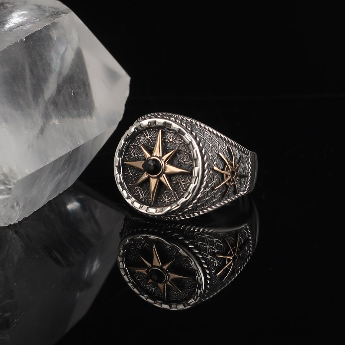925 Sterling Silver Mens Ring Compass Engraved Men Silver Ring - Etsy
