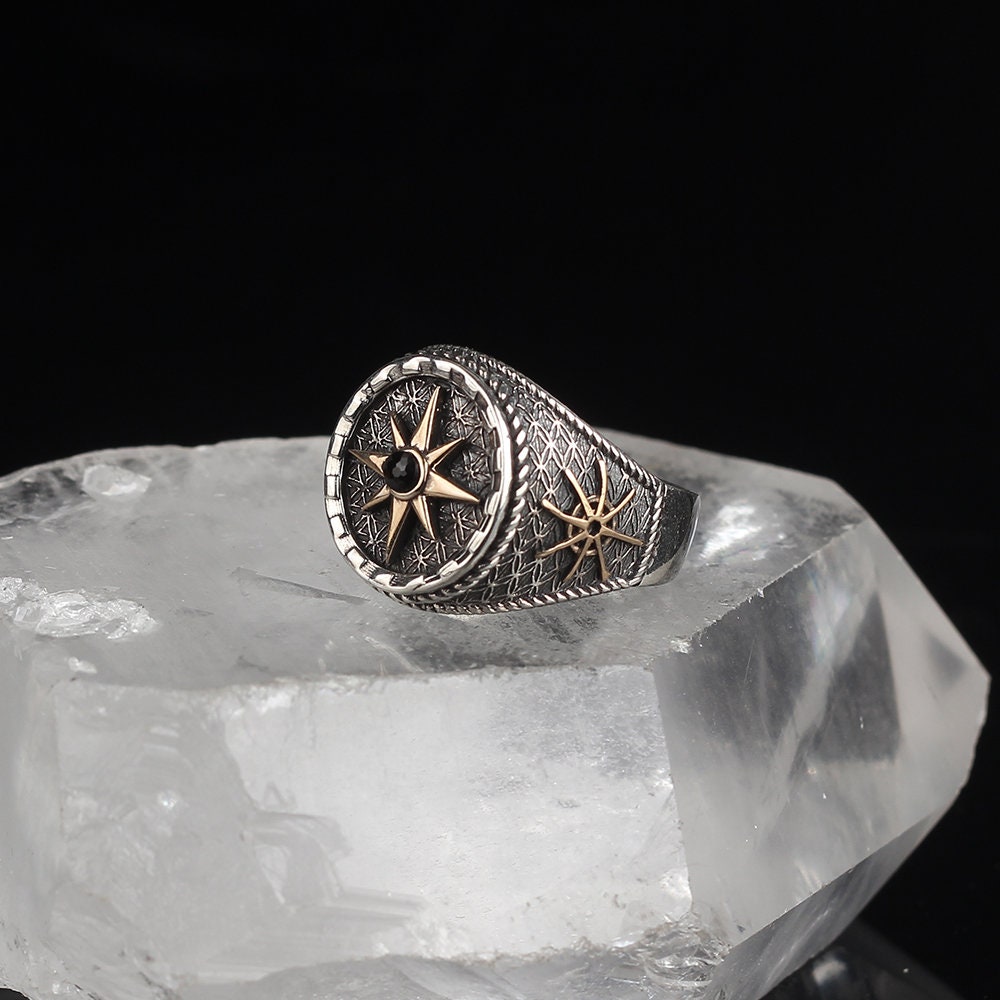 925 Sterling Silver Mens Ring Compass Engraved Men Silver Ring - Etsy