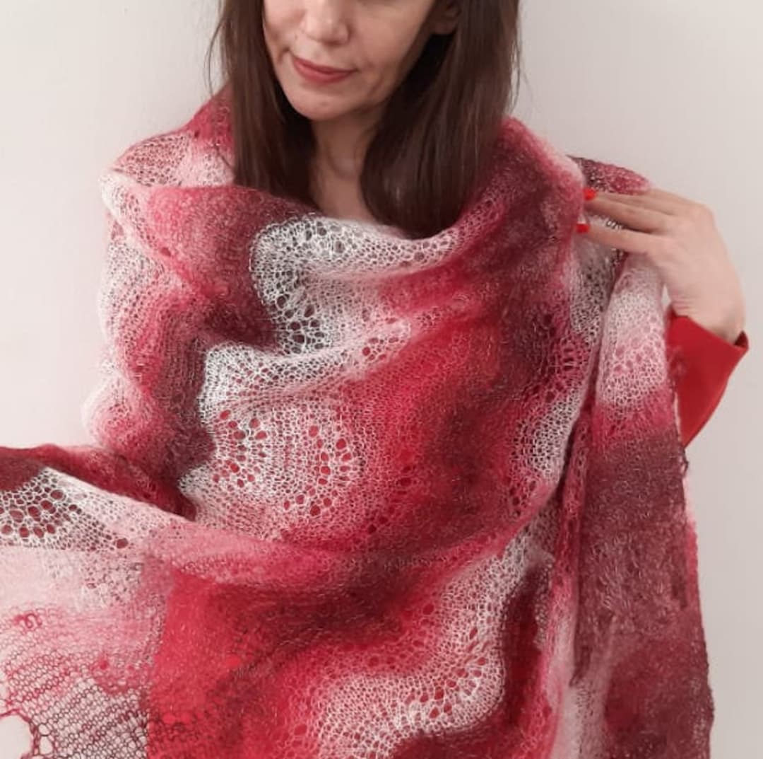 Downy Orenburg Red Shawl, Оpenwork, Goat Down, Shawl, Handmade, Natural ...