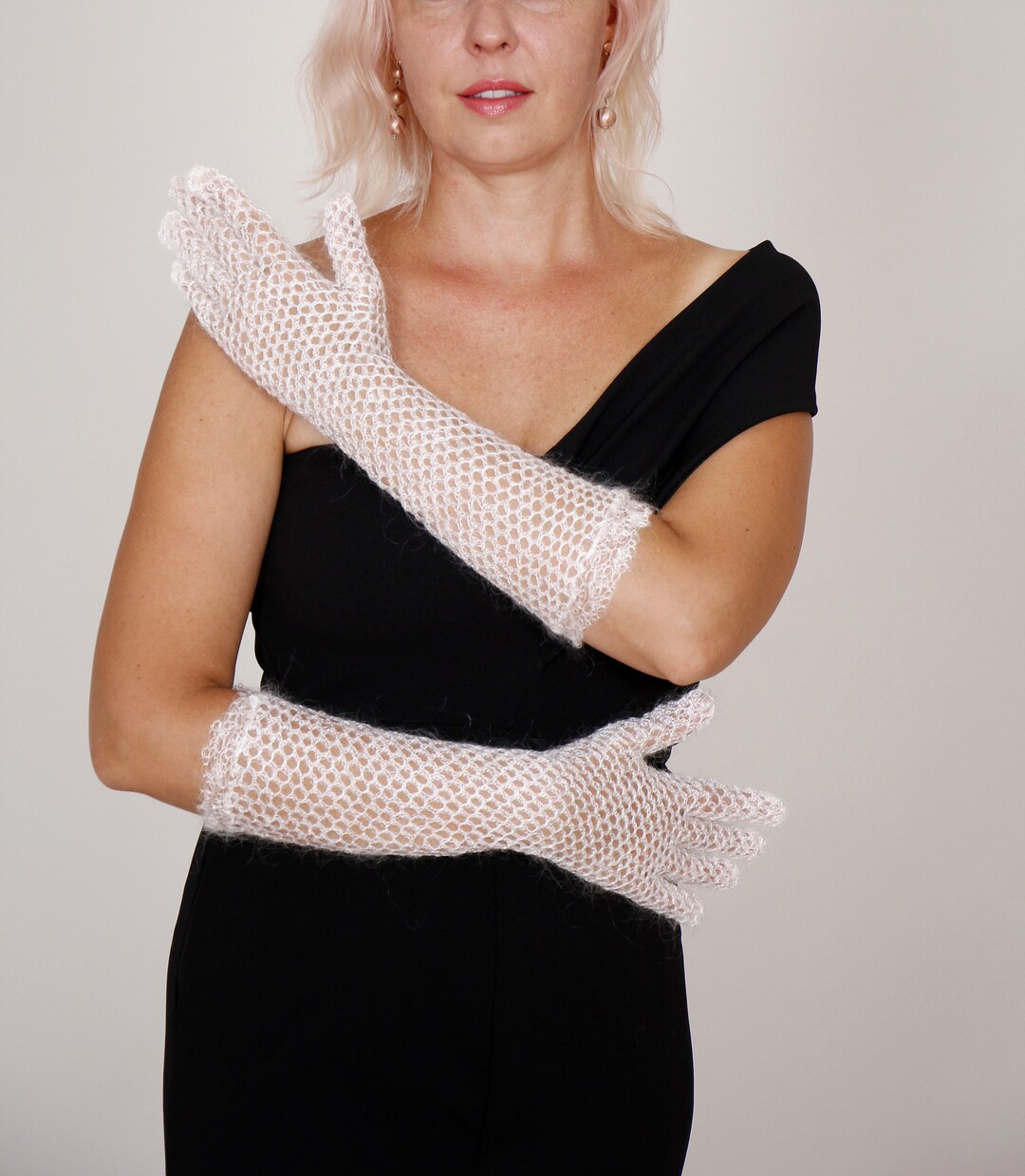 Handmade Crochet Goat Down Elbow Gloves: White Openwork Arm Warmers - Etsy