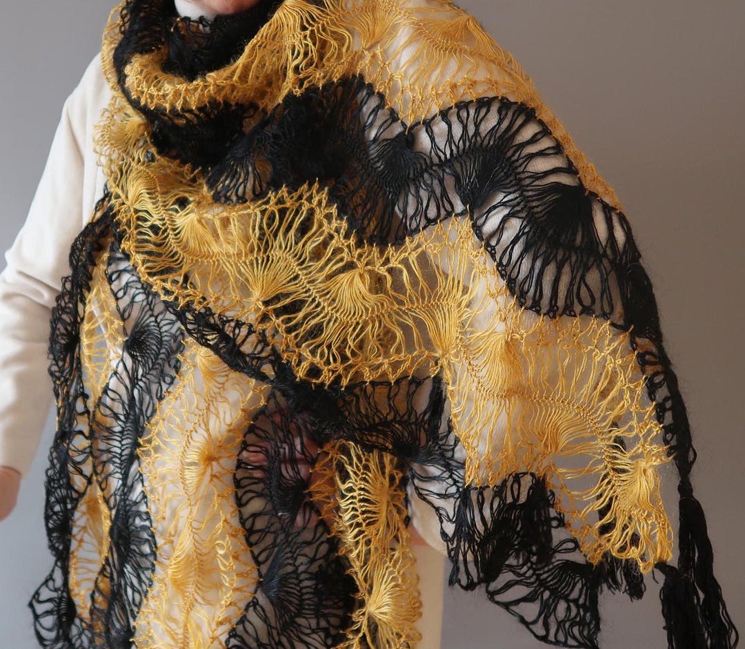 Big Scarf, Woolen Yellow Crochet Angora Shawl: Handmade Orenburg Goat ...