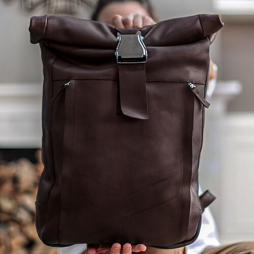 Leather Backpack Man TWILL LINING ' Roll Top Backpack Men - Etsy