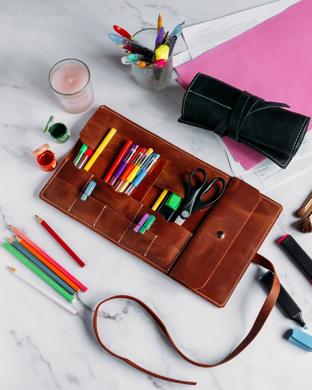 Personalized Roll up Pencil Case, Leather Pen Roll, Anniversary Gift ...